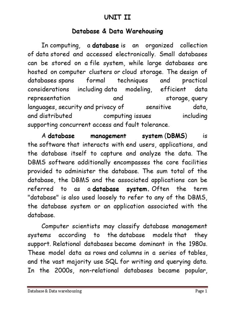 UNIT II Database & Data Warehouse | PDF | Statistics | Databases