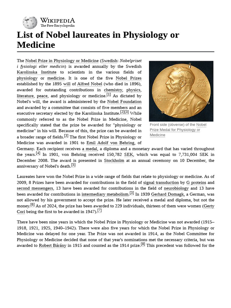 List of Nobel Laureates in Physiology or Medicine | PDF | Nobel Prize