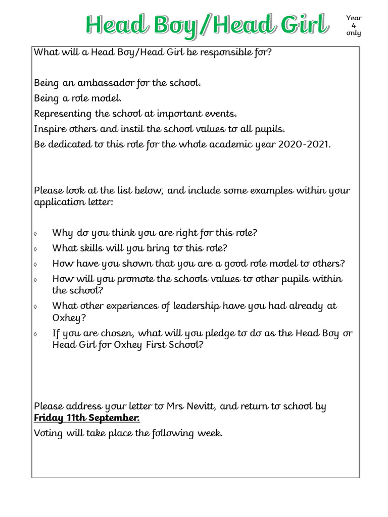 Head Girl/Head Boy Application Guide | PDF