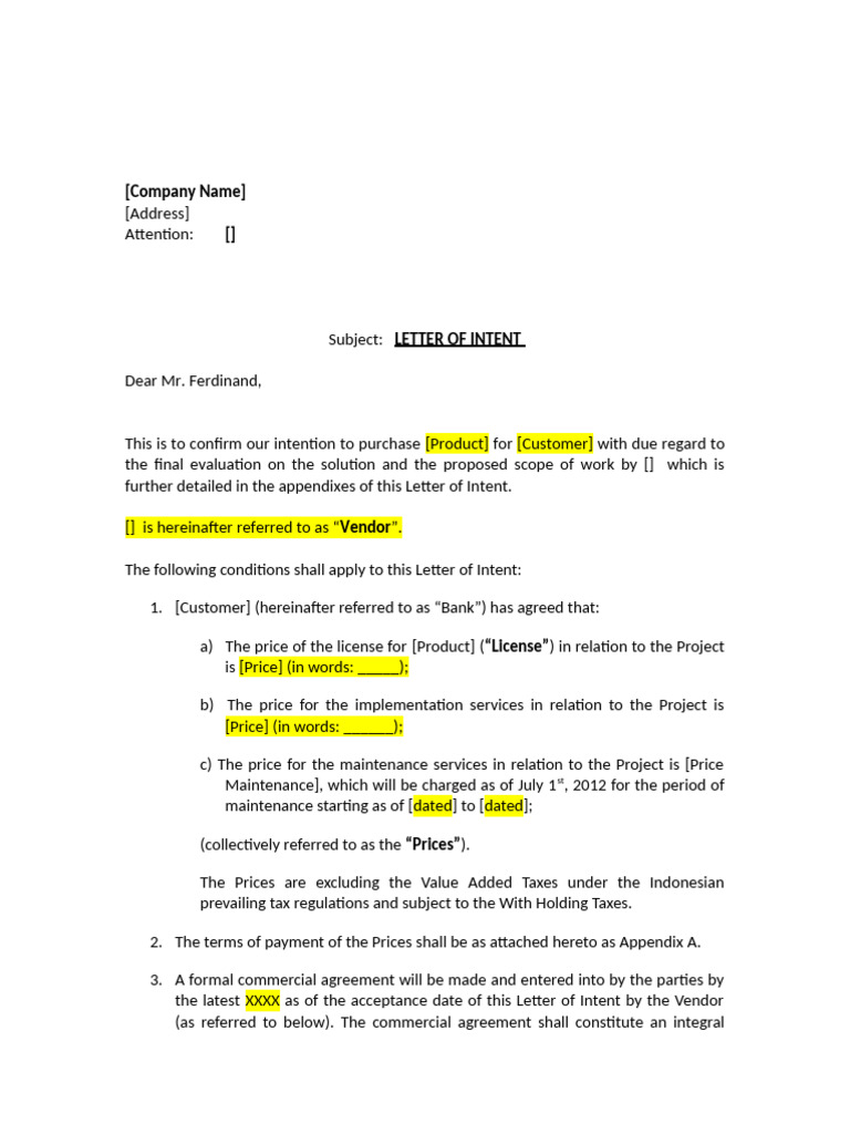 Draft LOI Letter Of Intent | PDF | Receipt