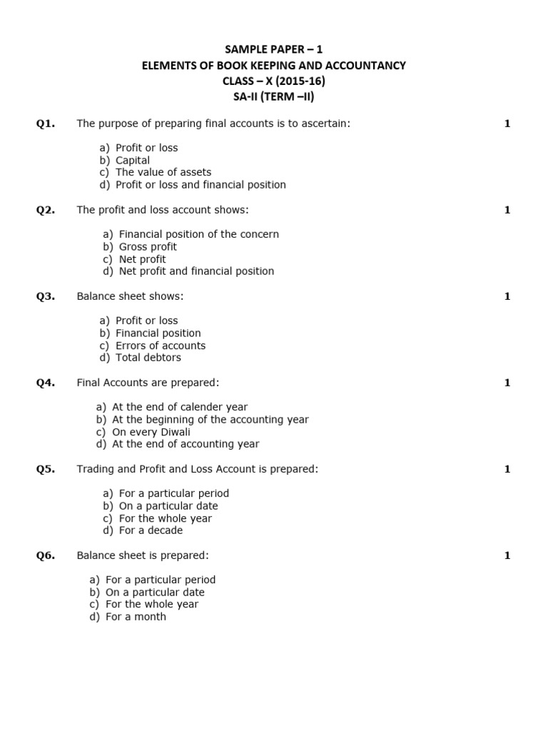 CBSE Class 10 Elements of Book Keeping & Accountancy Elective Sample ...