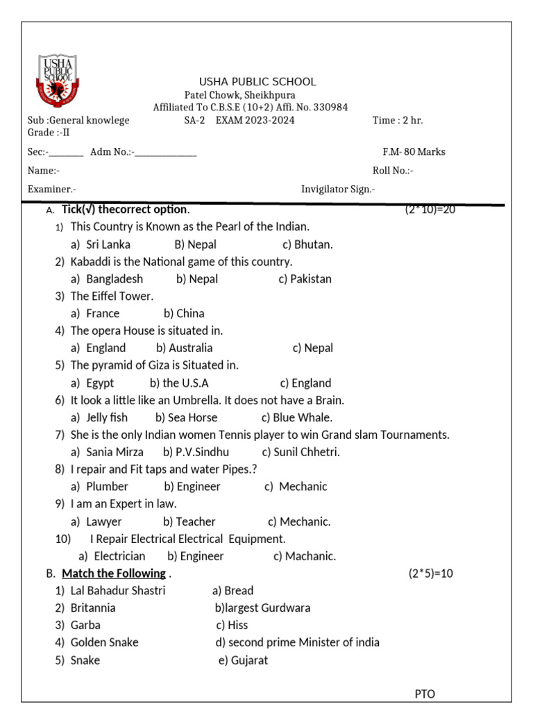 Sa-2 Final Question Class 2 | PDF