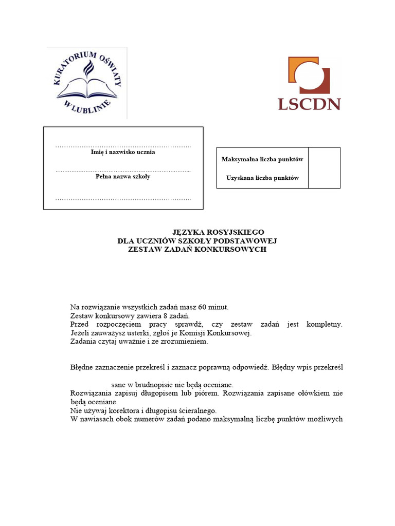 Jezyk Rosyjski 2022 2023 Etap Szkolny | PDF