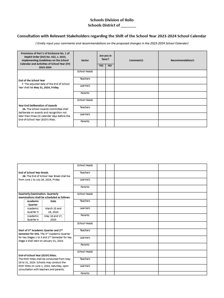 SDO Iloilo Consultation With Stakeholders Template | PDF | Academic Term
