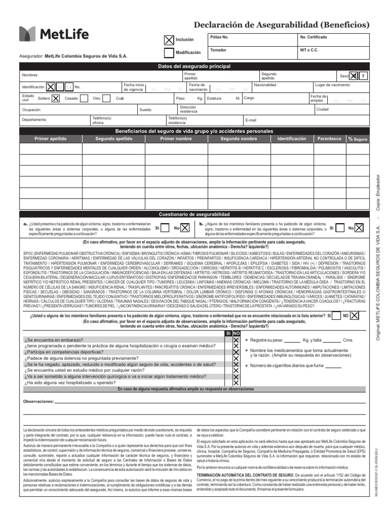 DECLARACION DE ASEGURABILIDAD (BENEFICIOS) .PDF EDIT | PDF | Seguro | Póliza de seguros