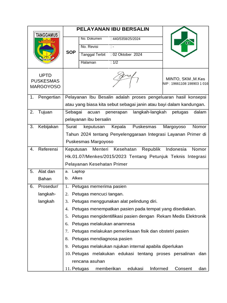 Sop Pelayanan Persalinan Normal | PDF
