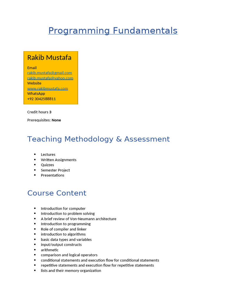 Course Outline - Programming Fundamentals-1 | PDF | Career & Growth | Art