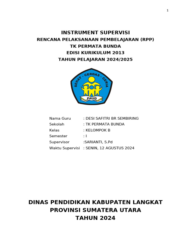 Instrumen Supervisi RPP TK PERMATA BUNDA | PDF
