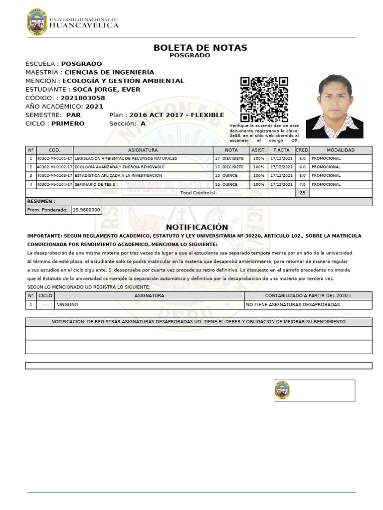 Boleta de Notas Posgrado Ecología 2021 | PDF