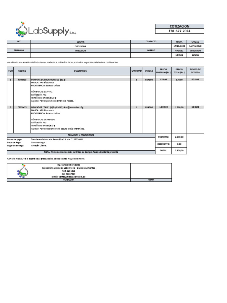 Cotización Productos Químicos DIFOX | PDF | Industrias de servicio ...