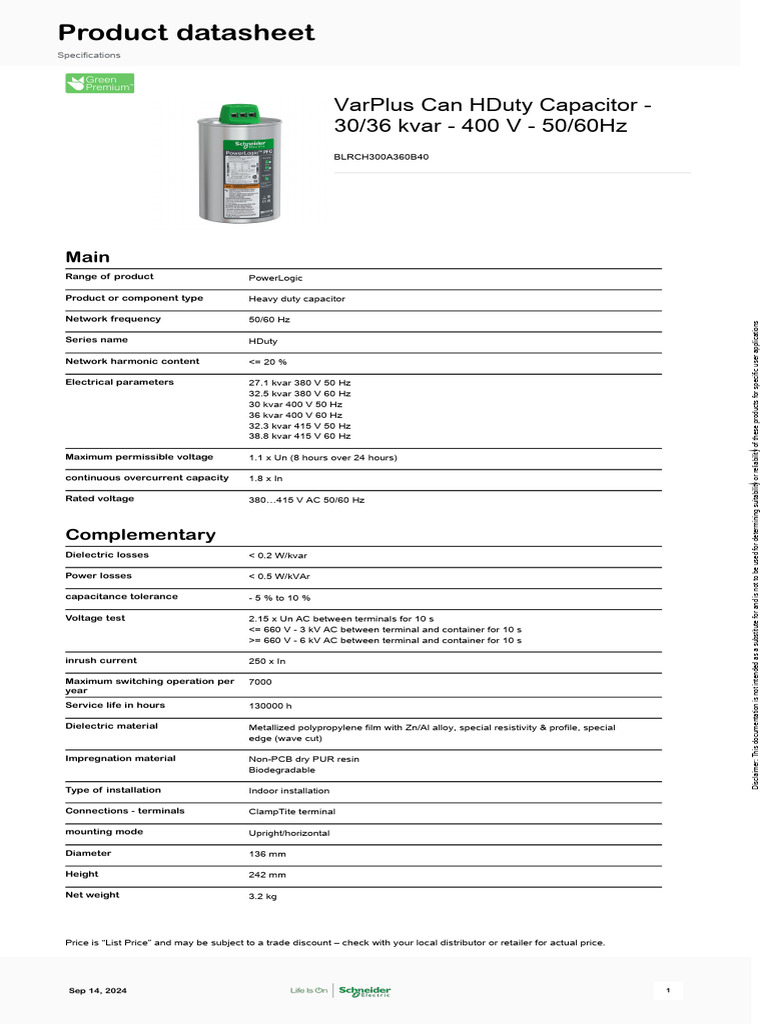 Schneider Electric PowerLogic-PFC-Capacitors BLRCH300A360B40 | PDF | Capacitor | Electrical ...