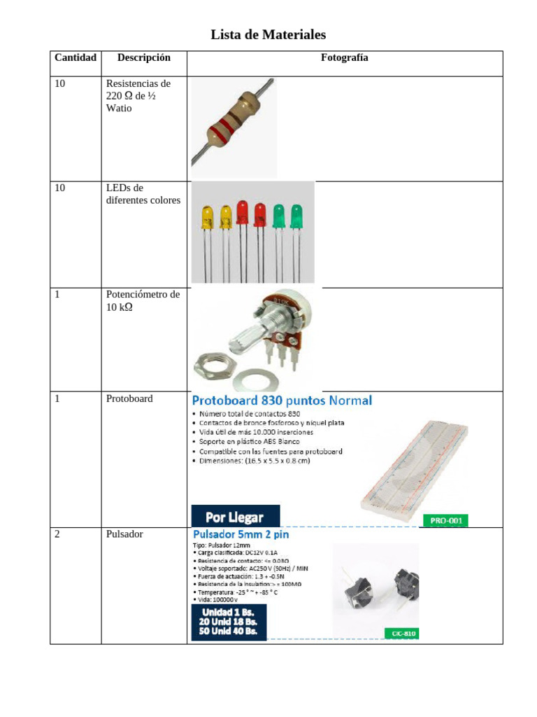 Lista de Materiales Arduino | PDF | Tecnología