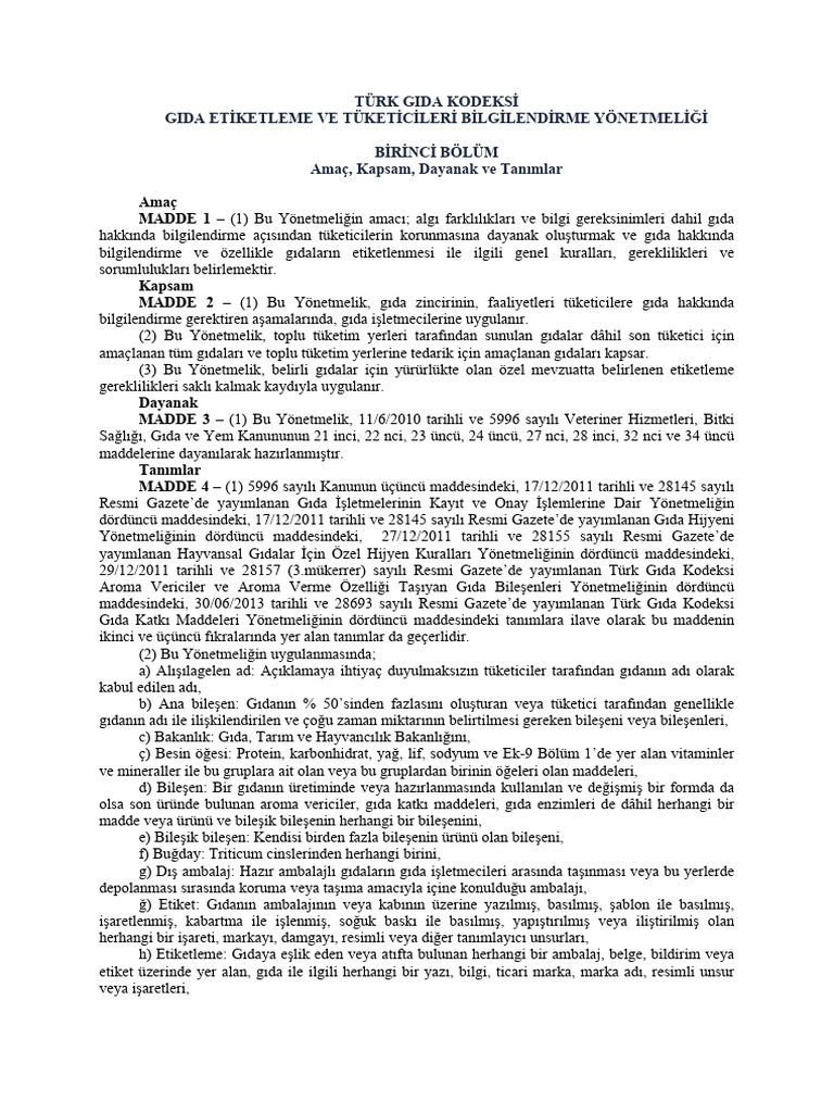 Türk Gidakodeksi̇ Gida Eti̇ketleme Ve Tüketi̇ci̇leri̇ Bi̇lgi̇lendi̇rme Yönetmeli̇ği̇ | PDF