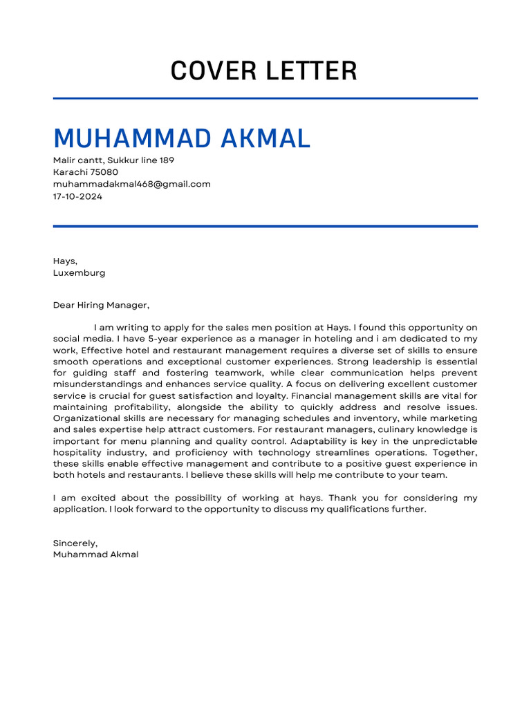 Cover Letter Muhammad Akram | PDF | Sales | Business
