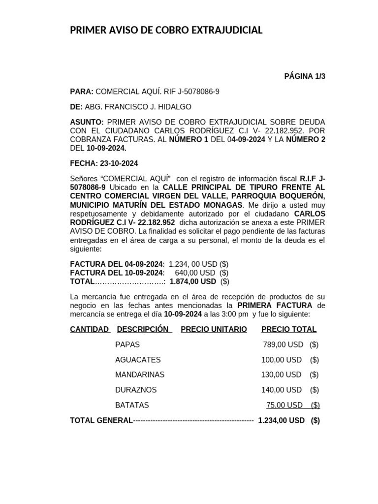 Primer Aviso De Cobro Comercial AquÍ 24 10 2024 Pdf