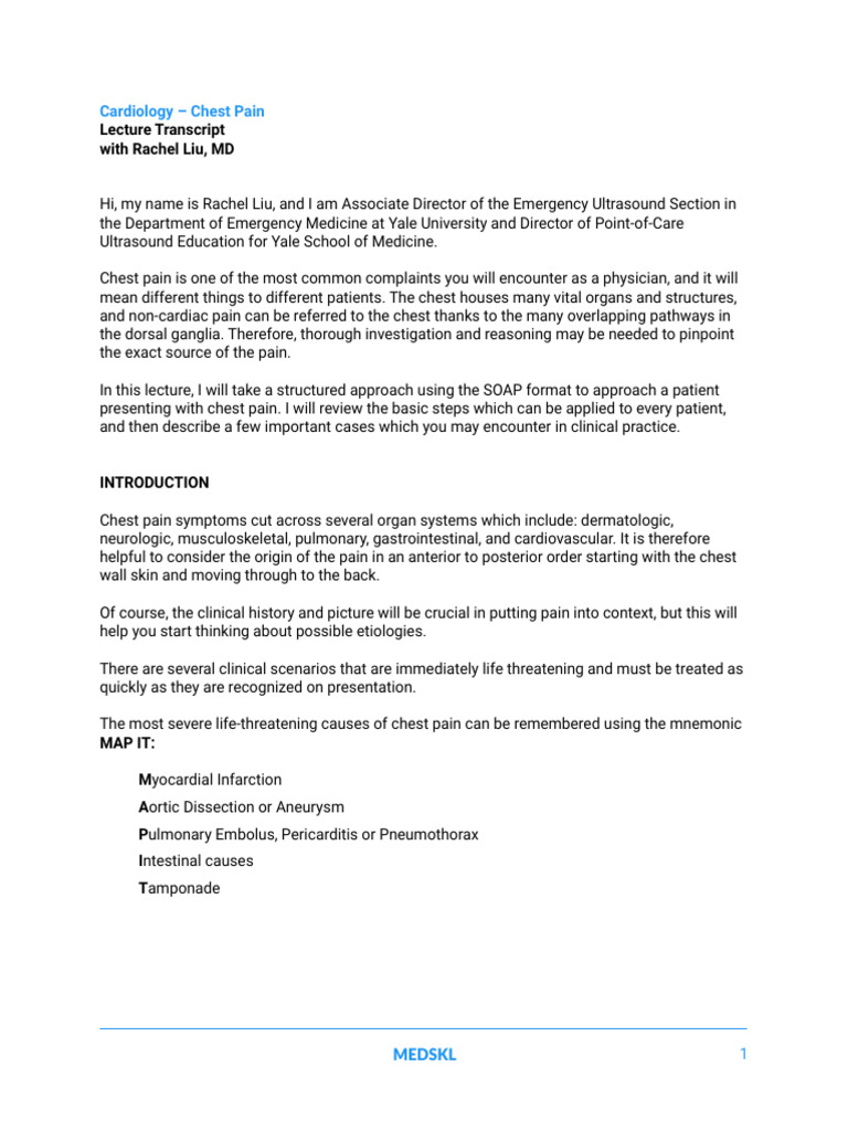 Cardiology - Chest Pain - Lecture Transcript - Rachel Liu REF | PDF | Myocardial Infarction | Heart