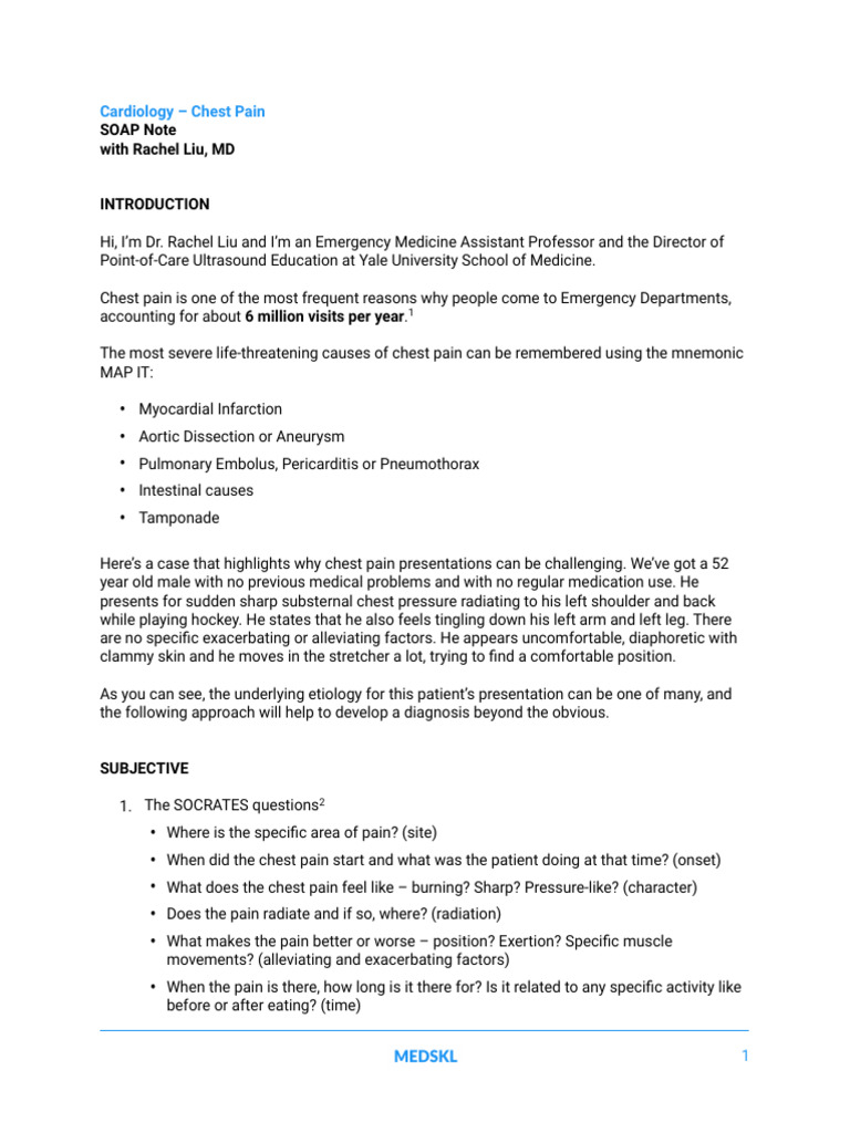 Cardiology - Chest Pain - SOAP Note - Rachel Liu REF | PDF | Myocardial ...