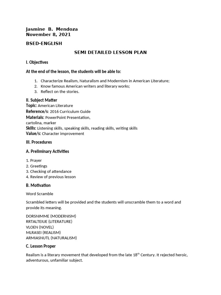 Semi Detailed Lesson Plan | PDF | Realism (Arts) | American Literature