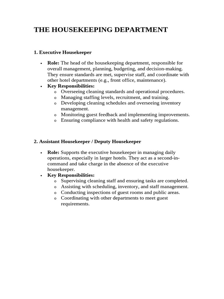 THE HOUSEKEEPING DEPARTMENT | PDF | Housekeeping | Linens