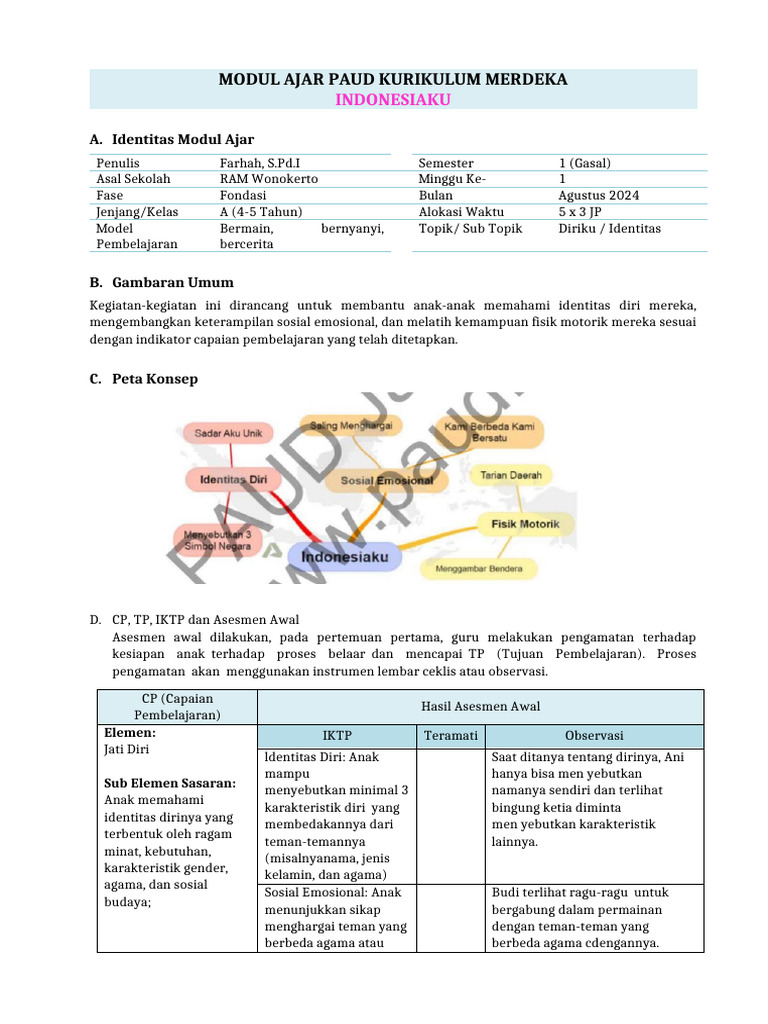 Modul Ajar PAUD: Identitas Diri Anak | PDF