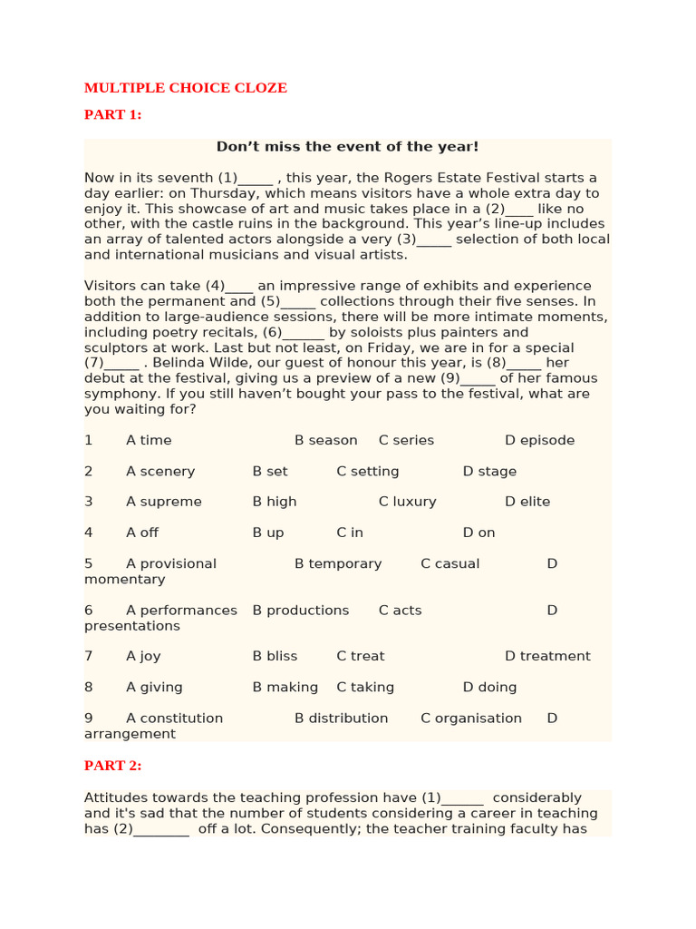 MULTIPLE CHOICE CLOZE | PDF | Hobbies