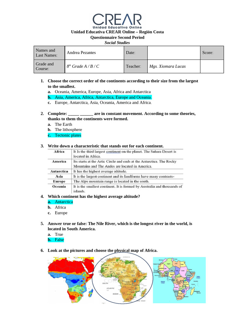 8th Grade Social Studies Quiz | PDF | Continent | Europe