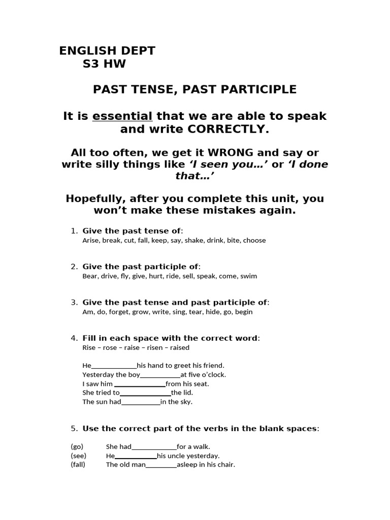 s3 Homework Past Tense Past Participle | PDF | Syntax | Language Mechanics
