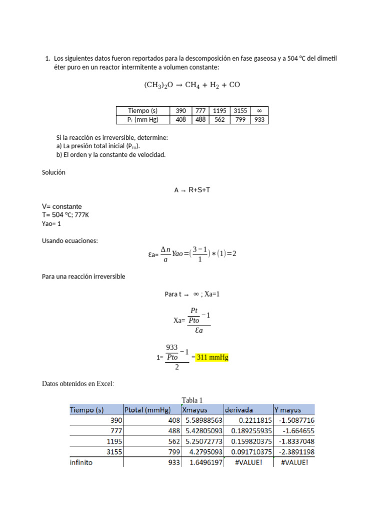 Ejercicio 2, Tarea 1, Reactores. | PDF | Química Física | Química