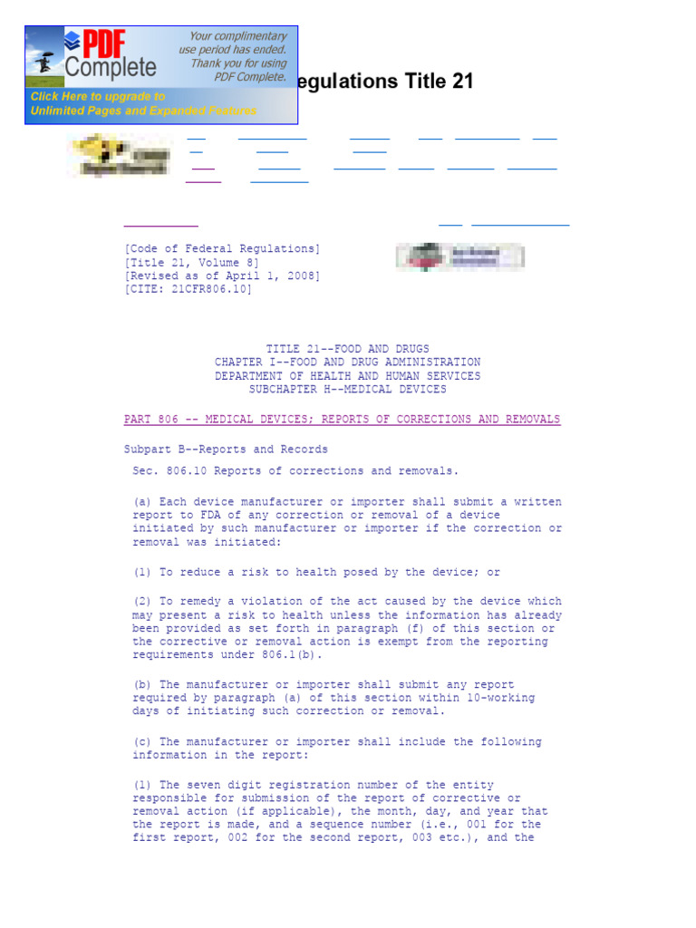 Medical Device Correction Reports | PDF | Code Of Federal Regulations ...