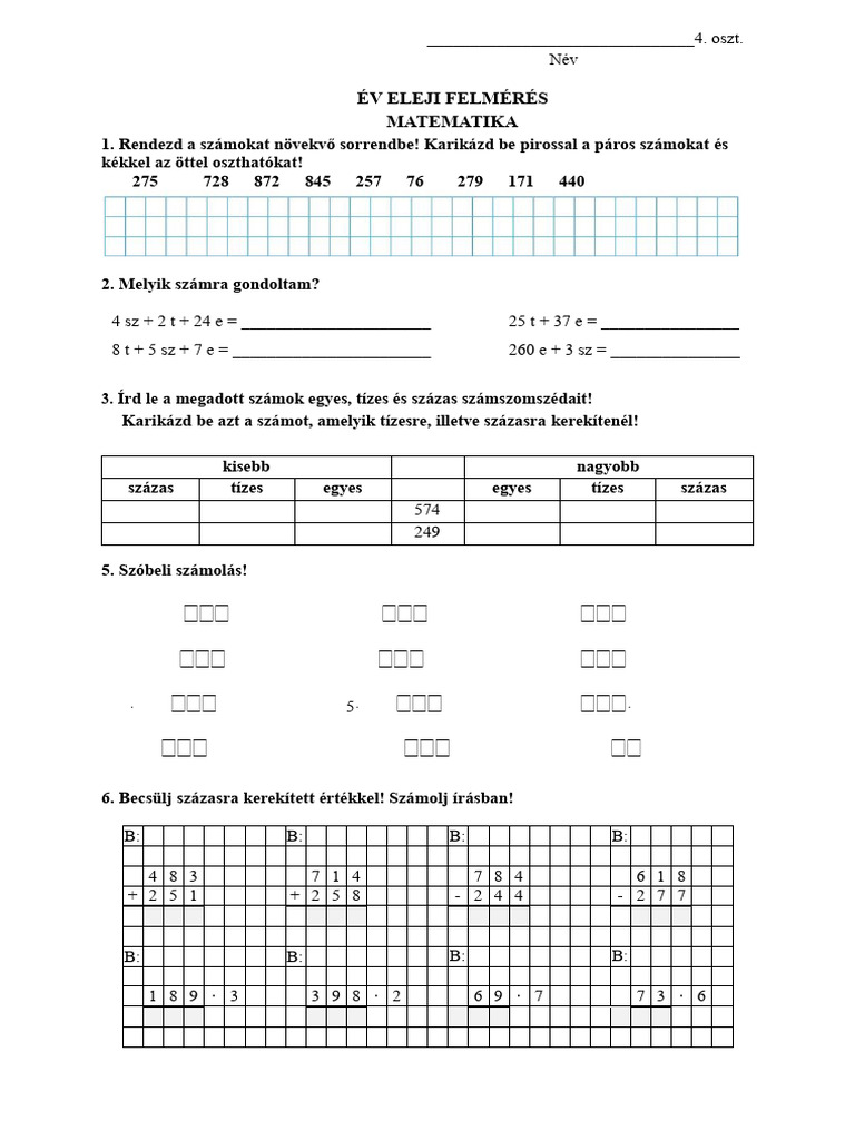 Év Eleji Felmérés Matem. 4. Osztály | PDF