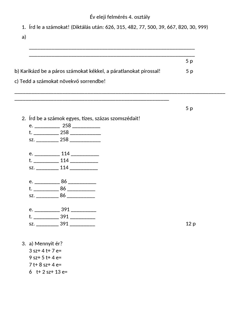 O. Év Eleji Mat. Felmérés | PDF