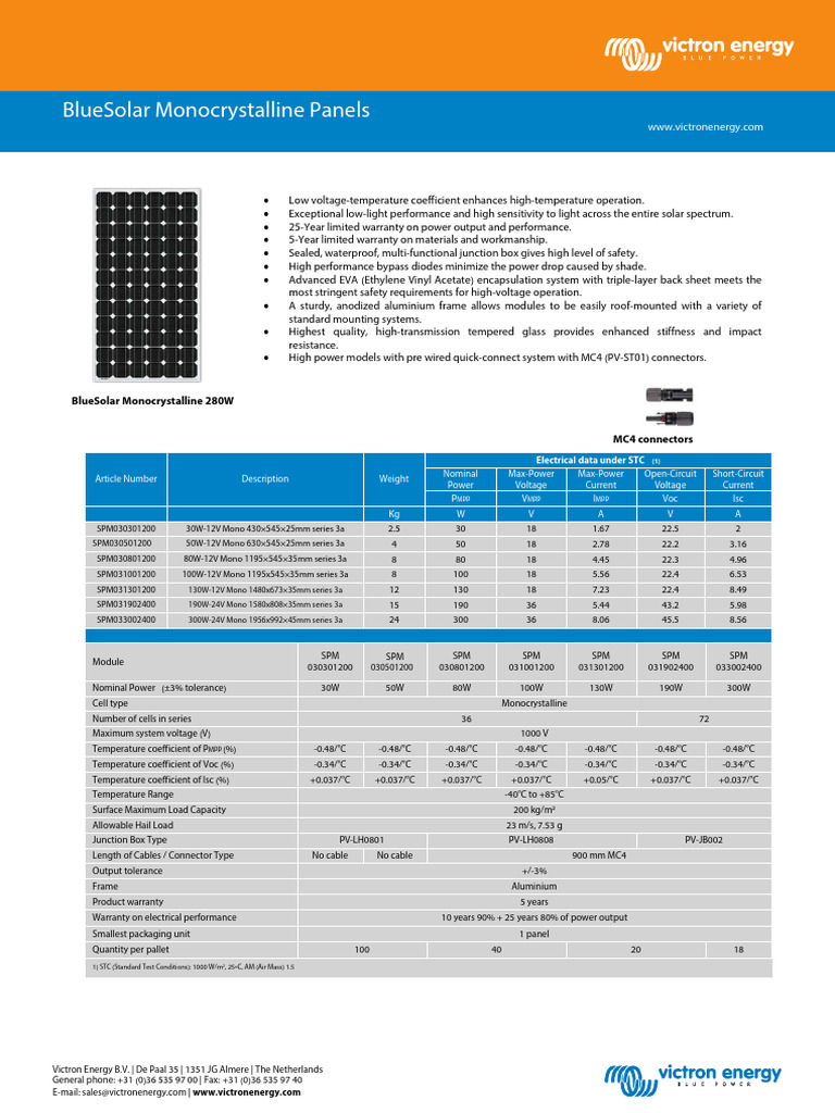 Datasheet BlueSolar Monocrystalline Panels EN | PDF | Electrical ...
