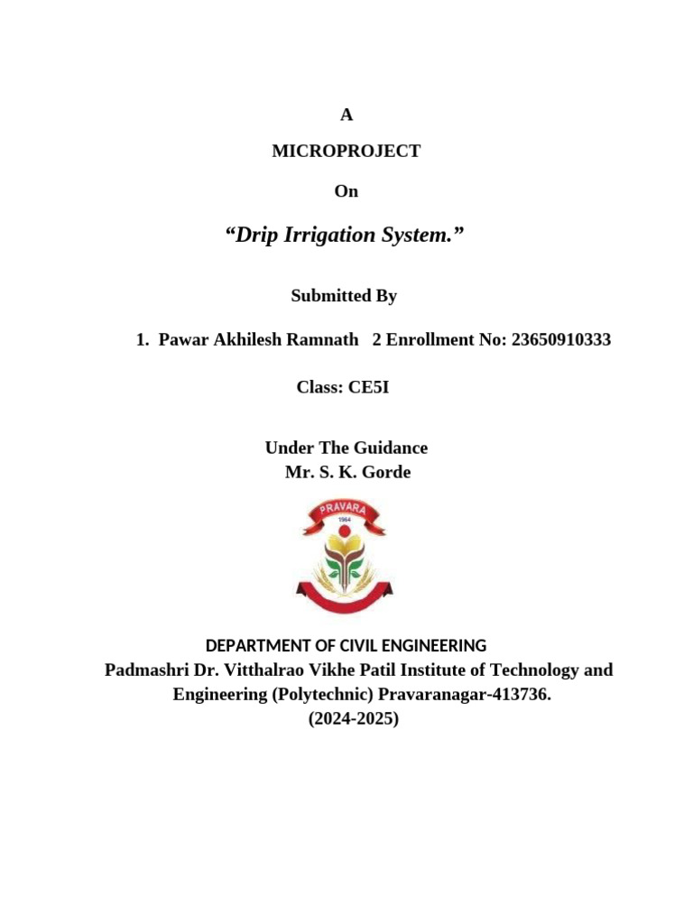 Drip Irrigation Micro Project RDE | PDF