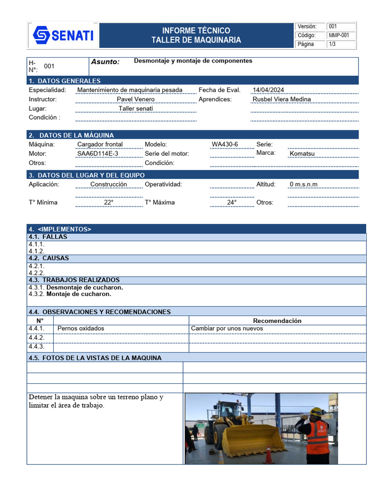 FORMATO DE INFORME TECNICO-MAQUINARIA PESADA DESMONTAJE Y MONTAJE ... FORMATO DE INFORME TECNICO-MAQUINARIA PESADA DESMONTAJE Y MONTAJE ...