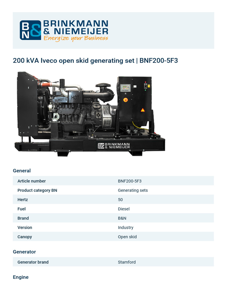 200 Kva Iveco Open Skid Generating Set bnf200 5f3 Brinkmann Niemeijer | PDF