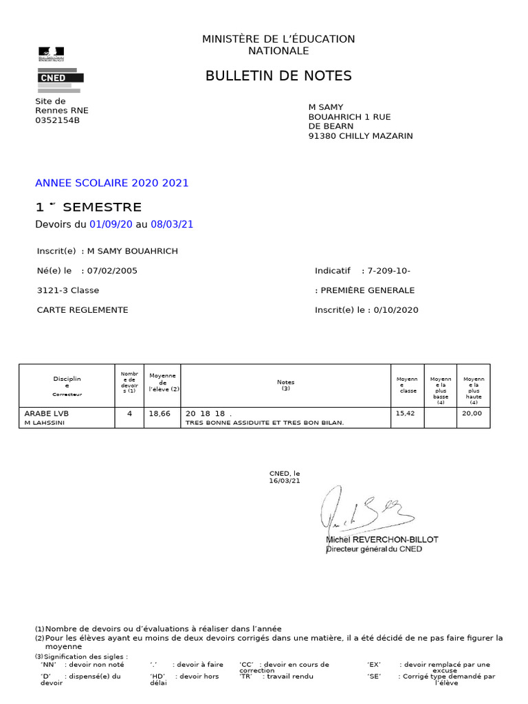 Bulletin de notes S1 2020-2021 | PDF
