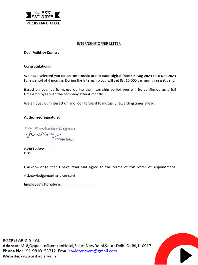 Internship Offer Letter - Vaibhav | PDF