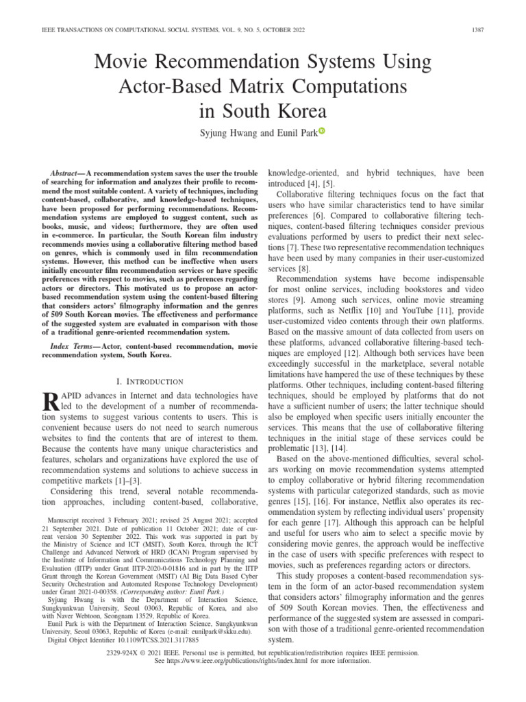 Movie Recommendation Systems Using Actor-Based Matrix Computations in ... Movie Recommendation Systems Using Actor-Based Matrix Computations in ...