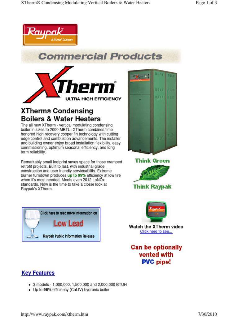 Raypak Xtherm condensing | PDF | Water Heating | Boiler