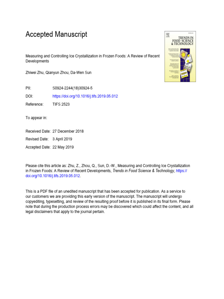 Measuring and Controlling Ice Crystallization in Frozen Foods A Review ...