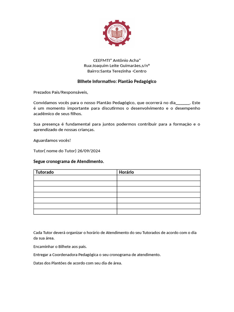 Bilhete Informativo | PDF