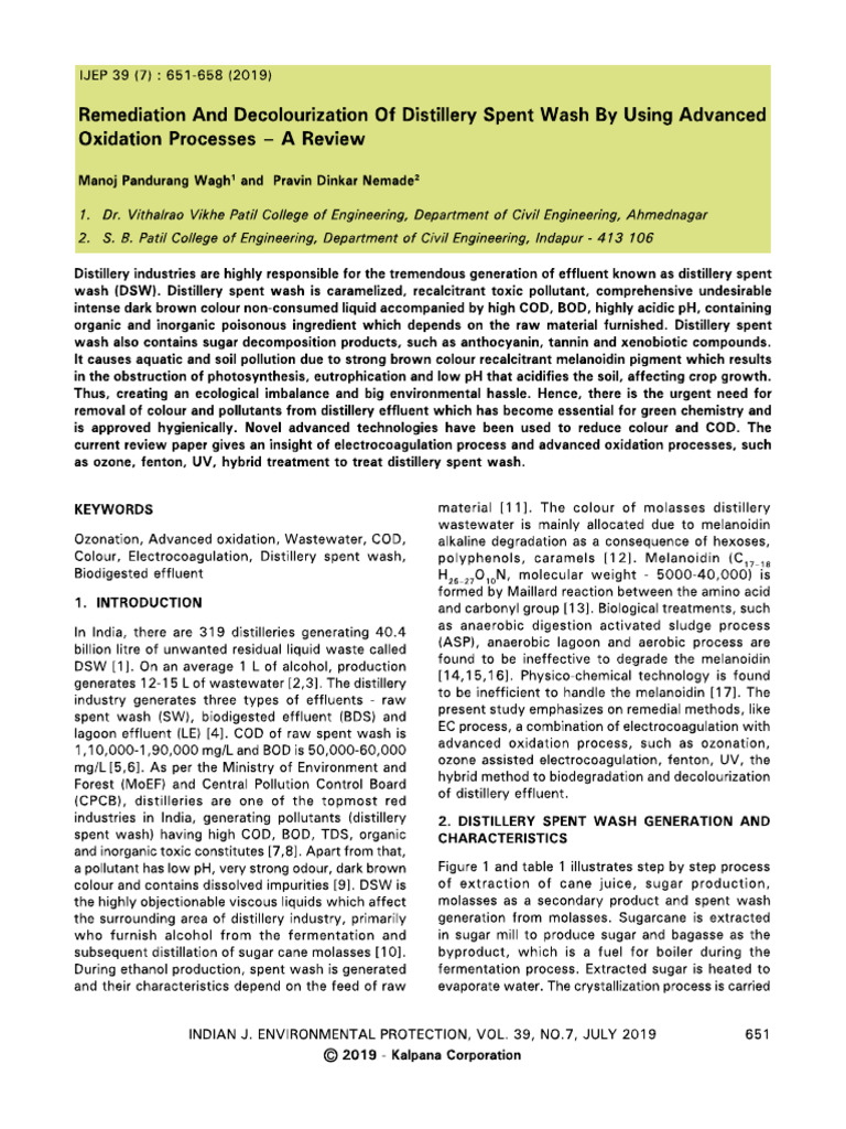 Remediation and Decolorization of Distillery Spent Wash by Using ...