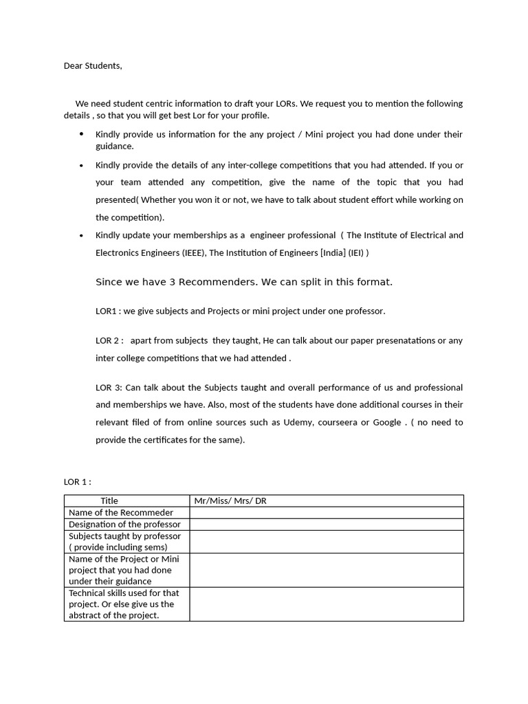 LOR Questionnarie - Please Provide Me Info in This Format | PDF ...