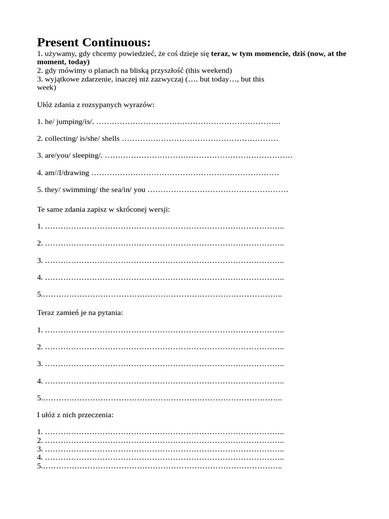 Angielski kl.5 Czas Present Continuous Podstawy | PDF