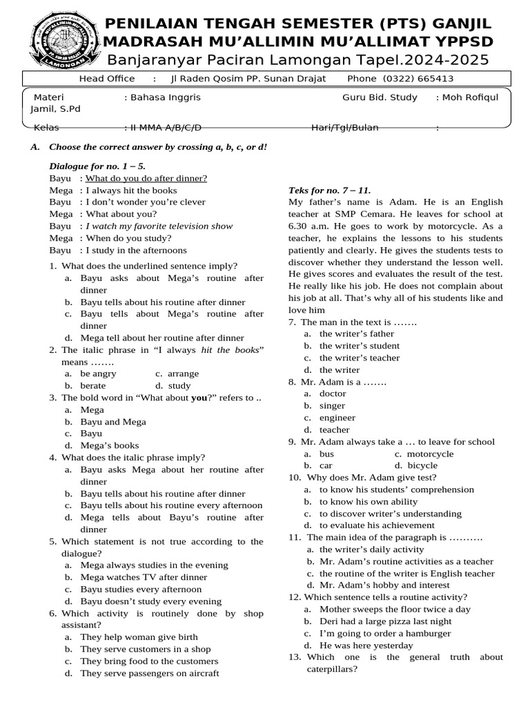 PTS Ganjil Bahasa Inggris Kelas II | PDF