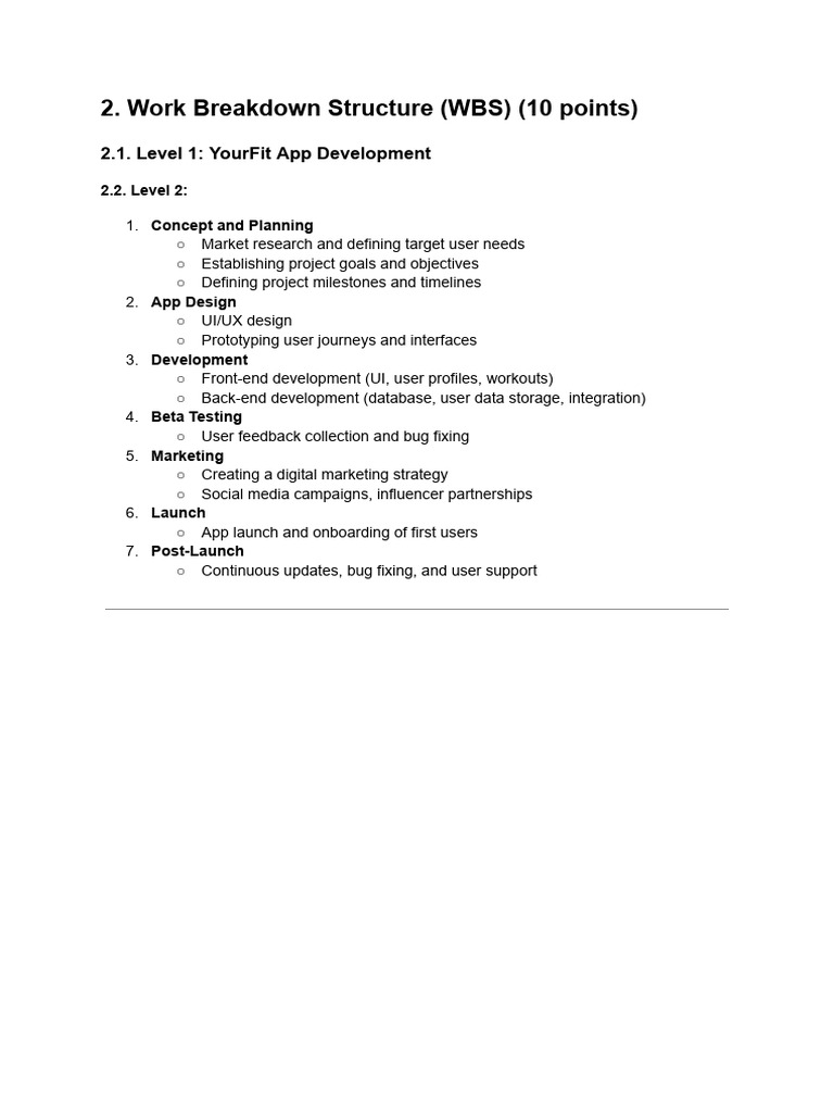 Work Breakdown Structure (WBS) (10 Points) : 2.1. Level 1: Yourfit App Development | PDF | Art
