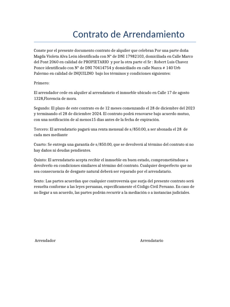 Modelo Contrato Alquiler Peru Word | PDF