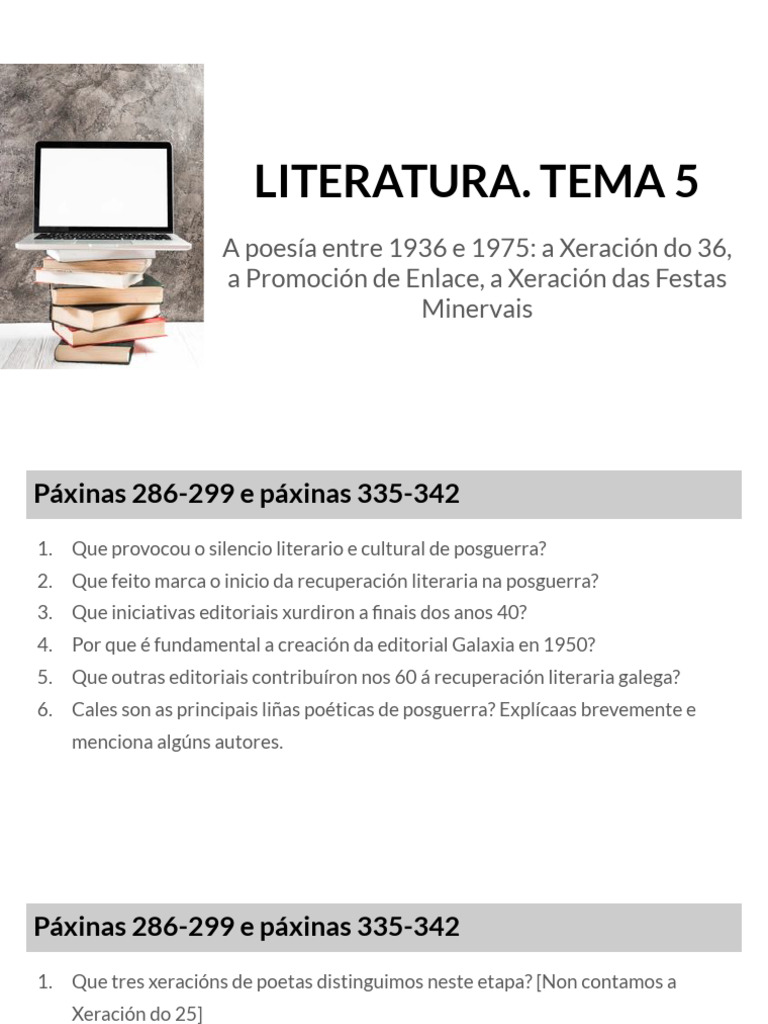 Tema 5. A Poesía Entre 1936 e 1975 - A Xeración Do 36, A Promoción de Enlace, A Xeración Das ...