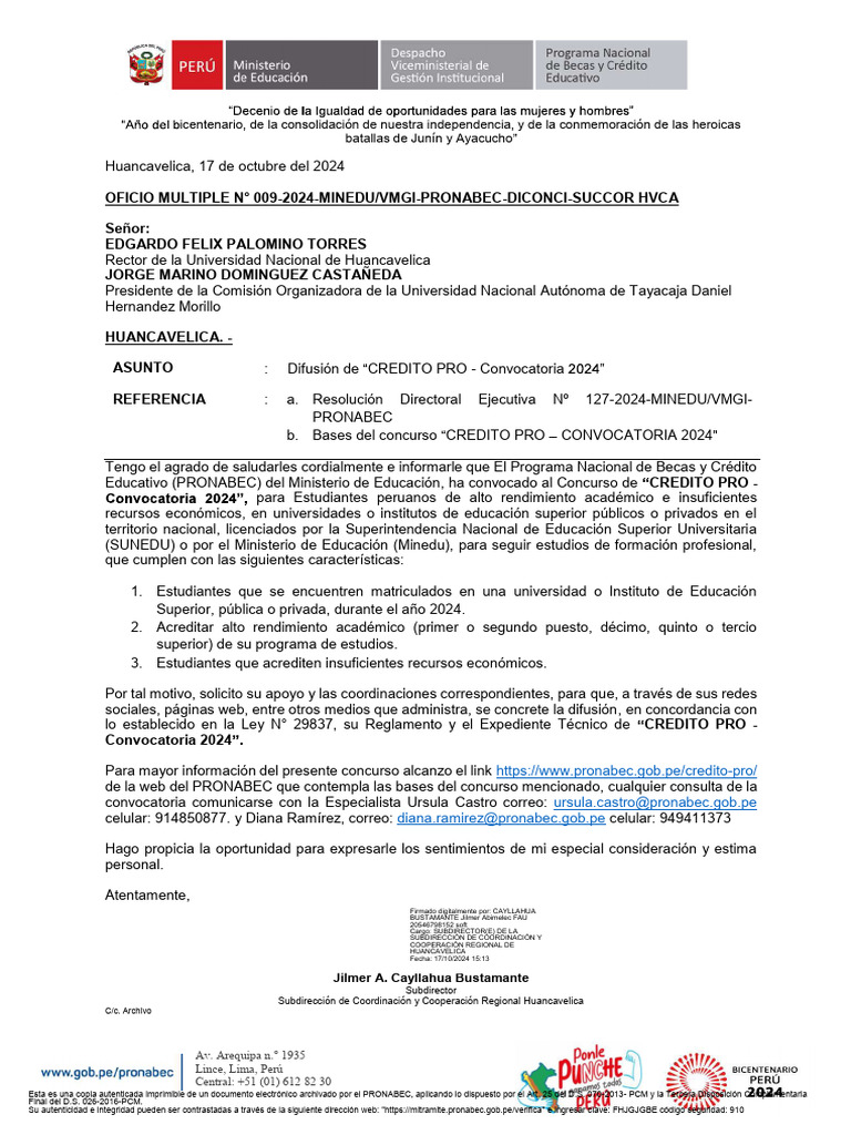 Oficio Credito Pro Convocatoria 2024 | PDF | Educación más alta