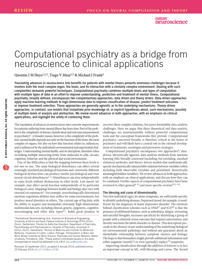 Computational Psychiatry As A Bridge From Neuroscience To Clinical ...